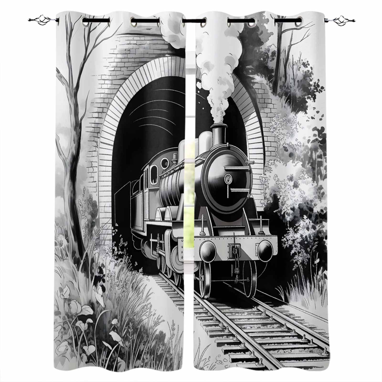 Grey Trains Blackout Curtains for Bedroom - 84 Inch Long Light Blocking ...