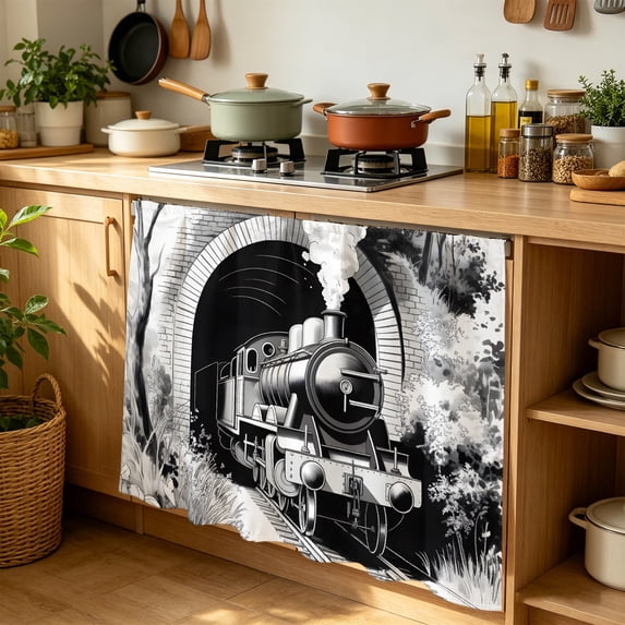 Grey Trains Cabinet Curtains 35''x35'', Black White Vintage Tunnels ...
