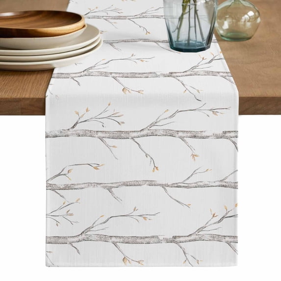 Grey Tree Table Runner, Botanical Vintage Birds Branch Washable Cotton ...