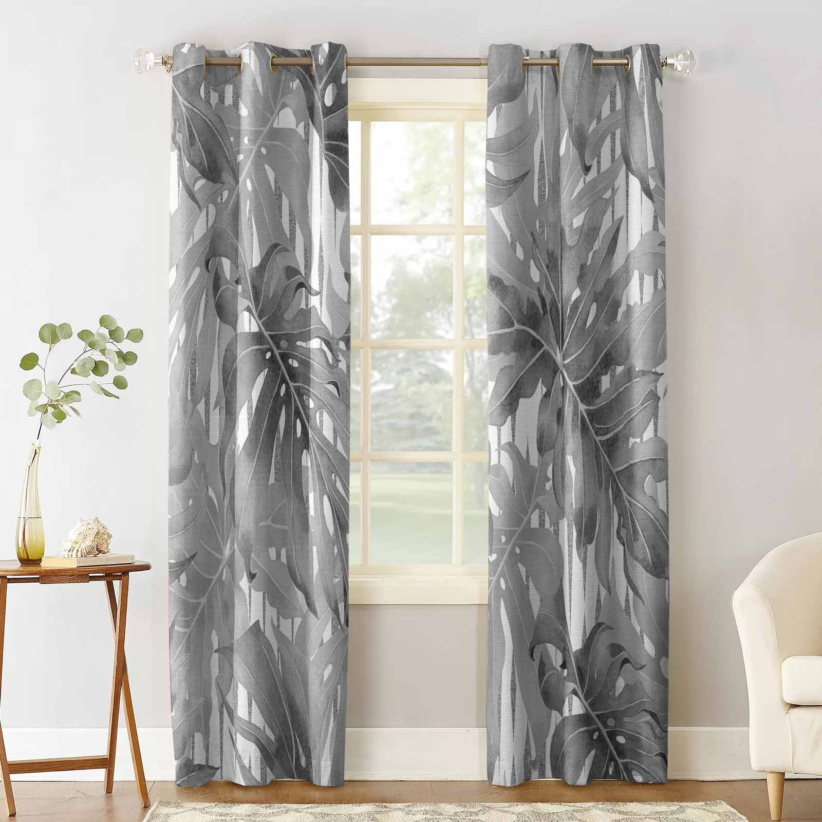 Grey Tropical Blackout Curtains 39 Inches Length, Plam Tree Leaves ...