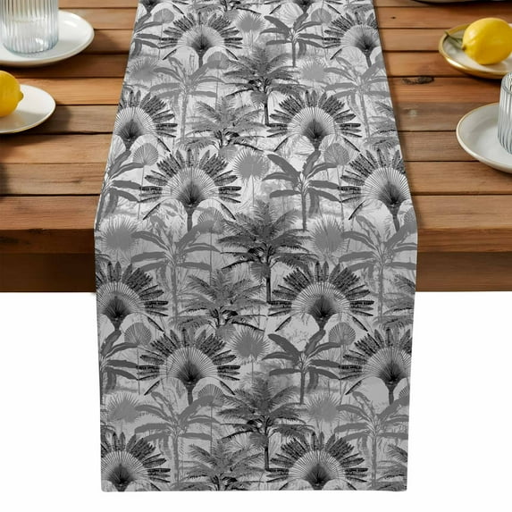 Grey Tropical Leaves Cotton Linen Table Runner for Dining Kitchen, Summer Palm Trees Botanical ...
