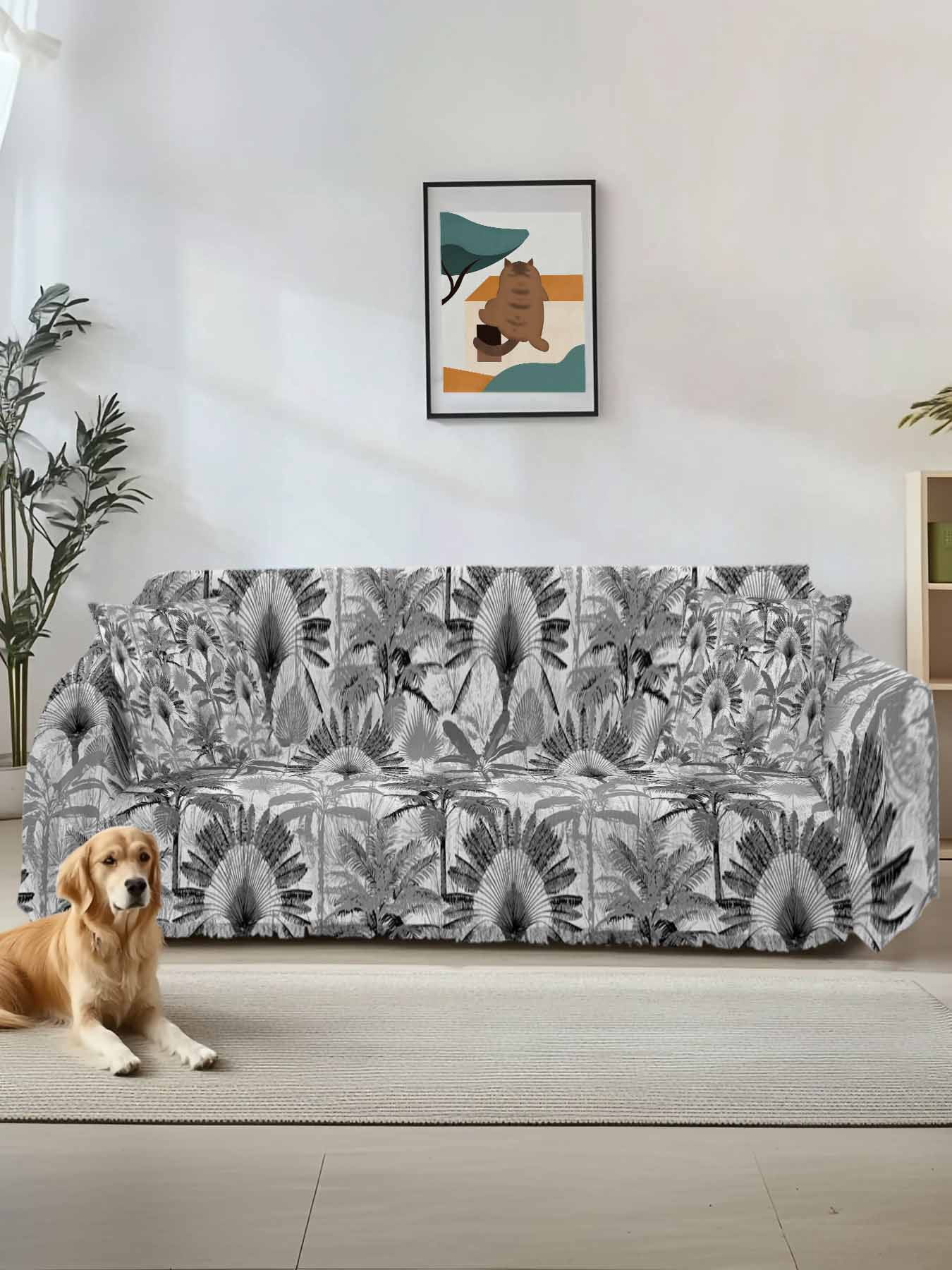 Grey Tropical Leaves Couch Cover for Dogs, Summer Palm Trees Botanical ...