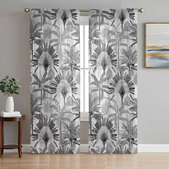 Grey Tropical Leaves Semi Sheer Curtains 84 Inch Length 2 Panels Set ...