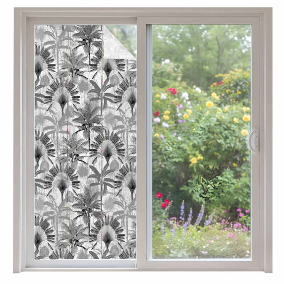 Grey Tropical Leaves Window Privacy Film, Summer Palm Trees Botanical ...