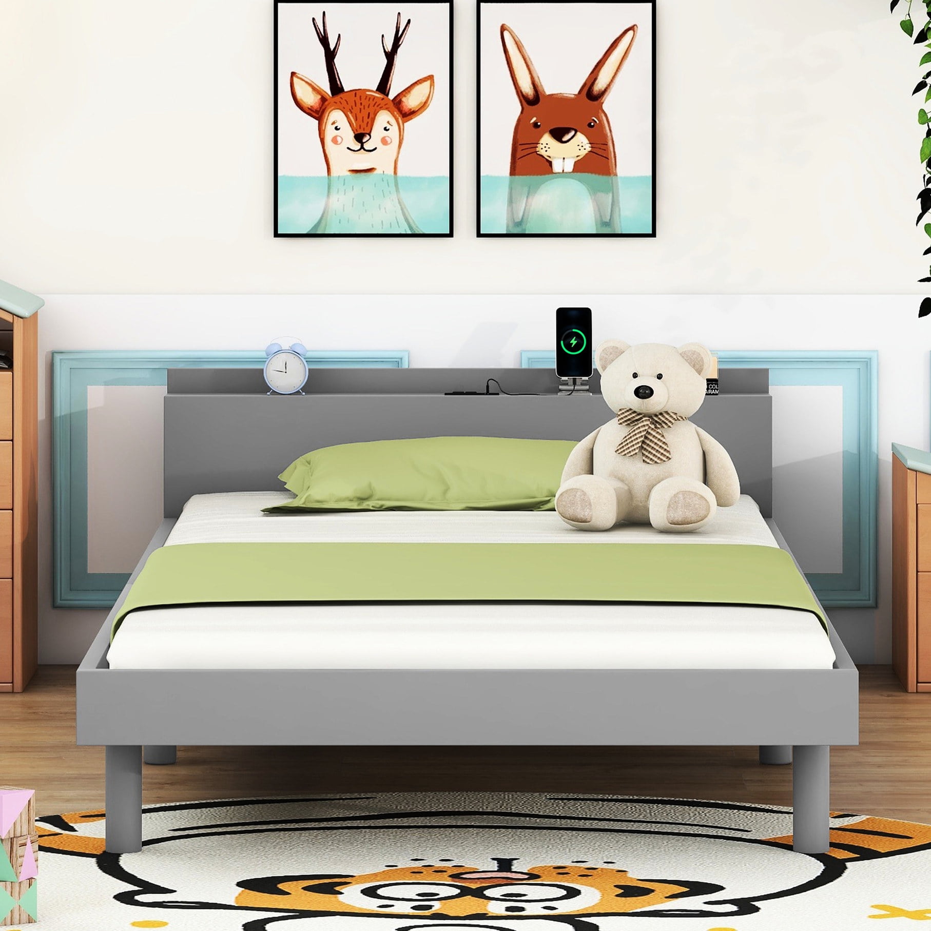 Grey Twin Bed | Modern Aesthetic, USB Function, Durable Slats | Simple ...