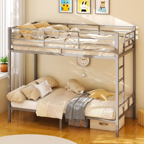 Grey Twin Bunk Bed Square Tube High Guardrail Side Ladder Opening Iron ...