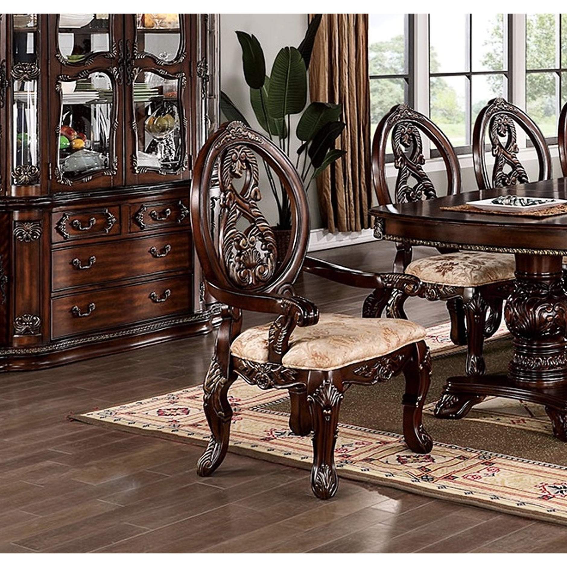 2 Arm Chairs - Traditional Style Brown Cherry/tan Solid Wood Fabric ...