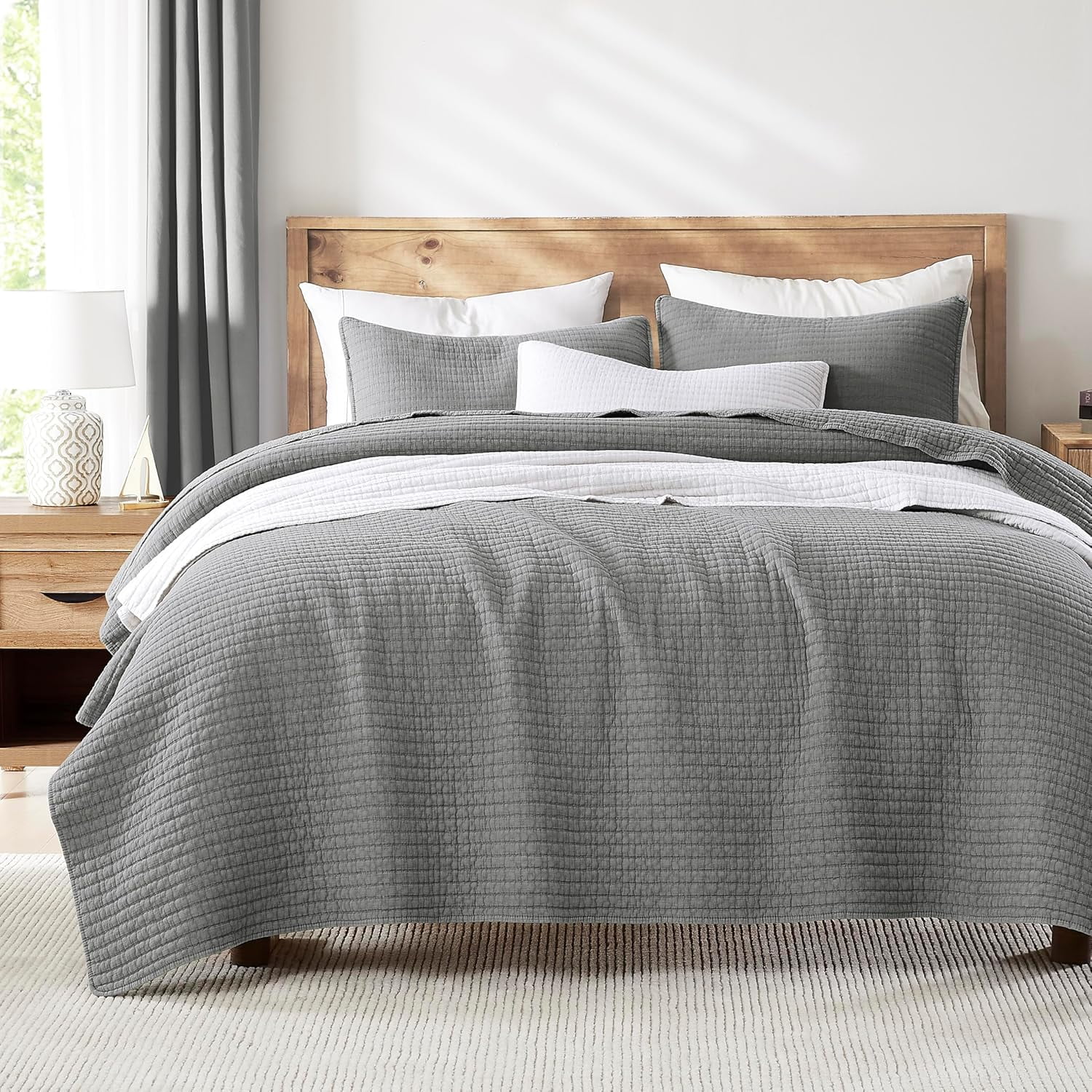 Grey Twin Size Quilt Set, Muslin Cotton Shell Down-Alt Poly Filling ...