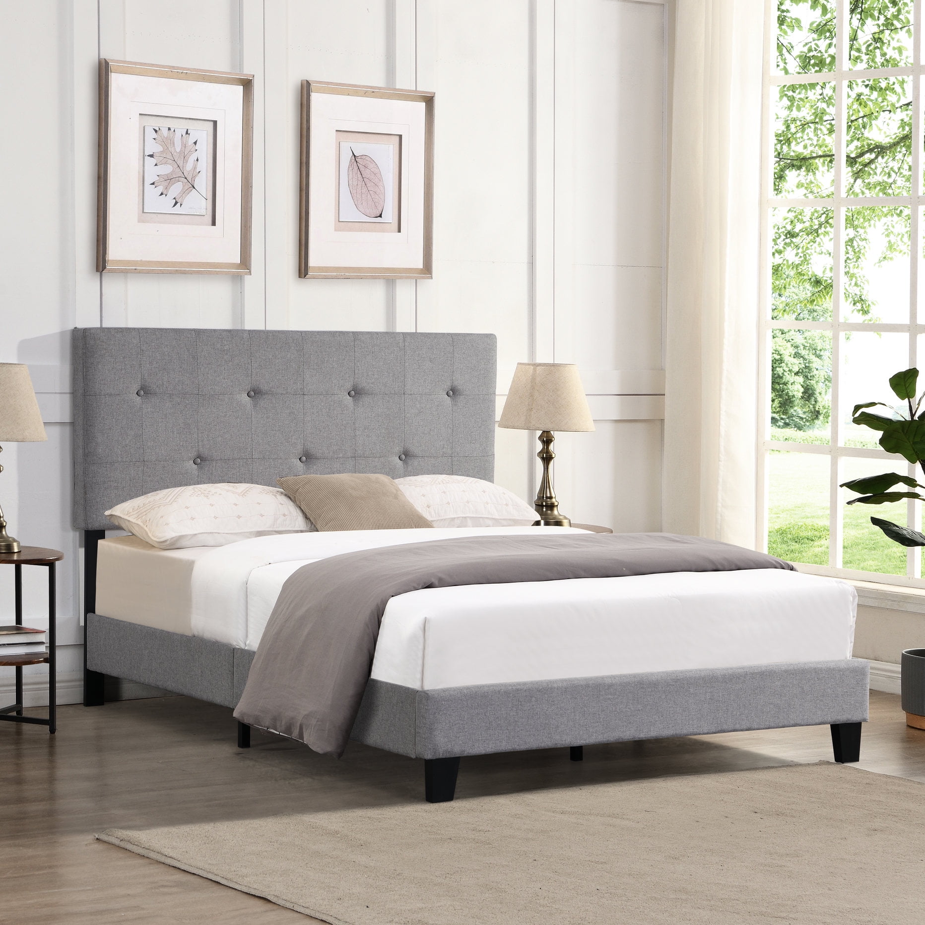 Grey Upholstered Bed - Full Size Platform Button Linen Headboard No Box ...