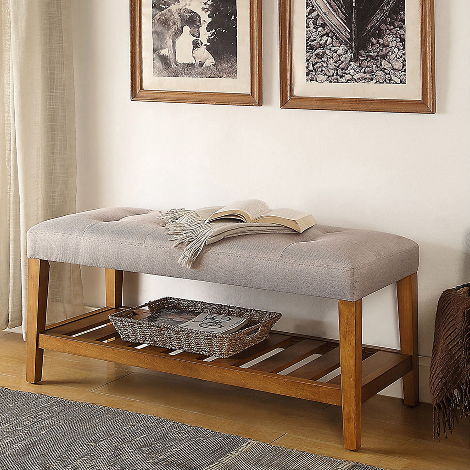 Grey Upholstered Bench - Shelf Storage Benefit - Bedroom Bench for ...