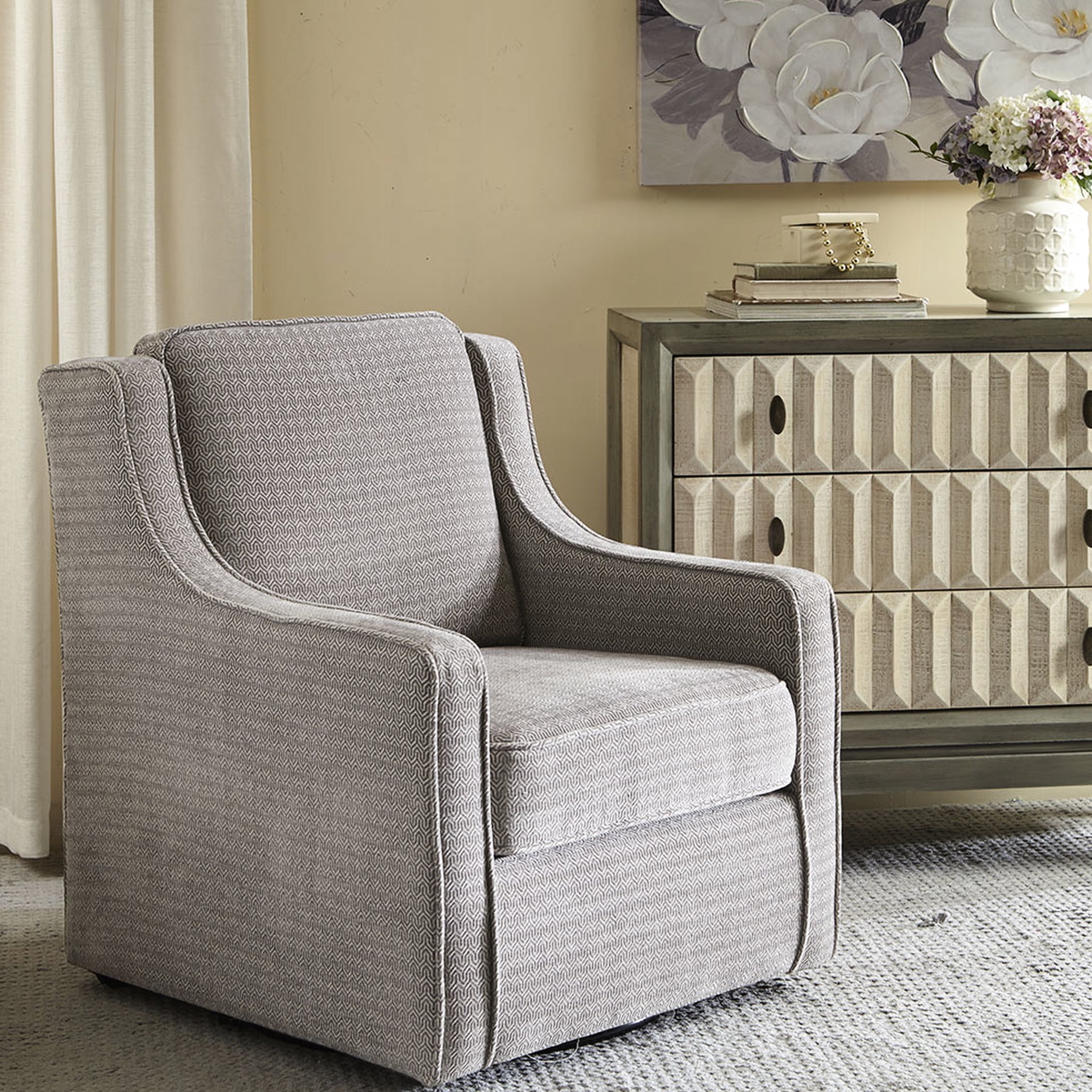 Grey Upholstered Swivel Chair - Model, Solid Wood Structure, High ...