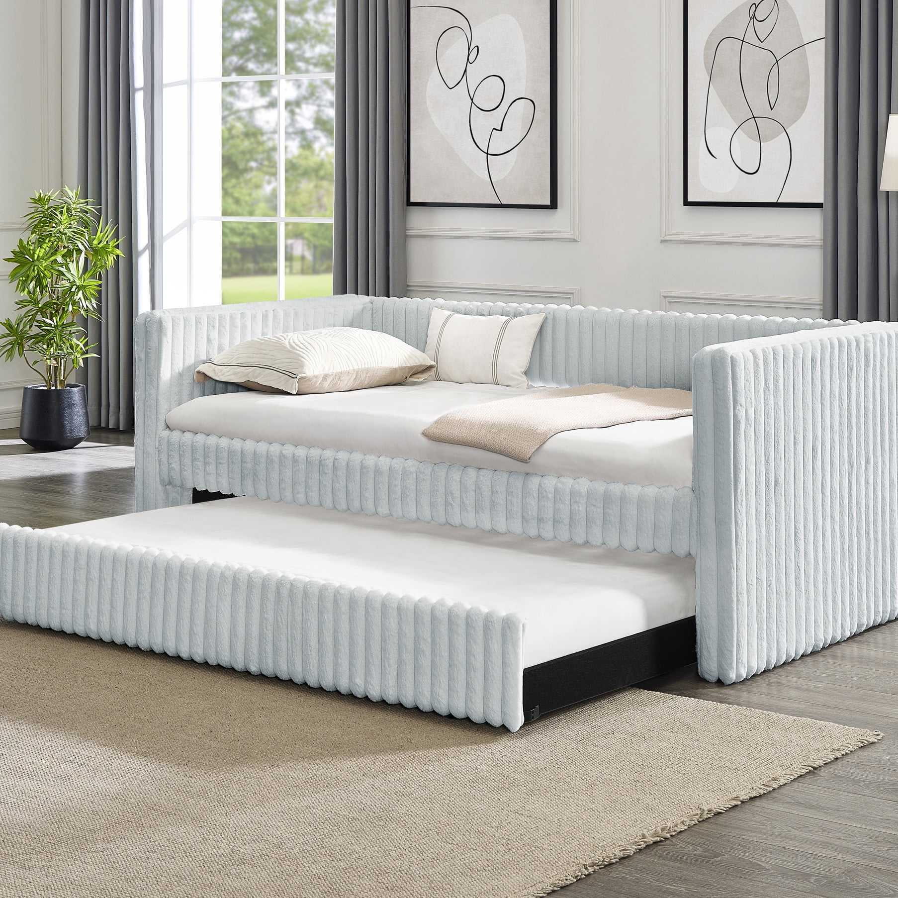 Grey Upholstered Twin Size Daybed With Space And Comfort Pull-out Bed ...