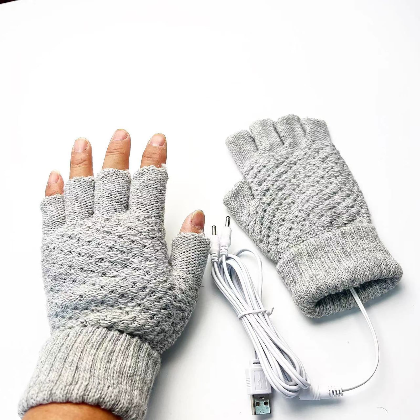 Grey Usb Heating Knitted Gloves Winter Warm Hand Protection Cold ...