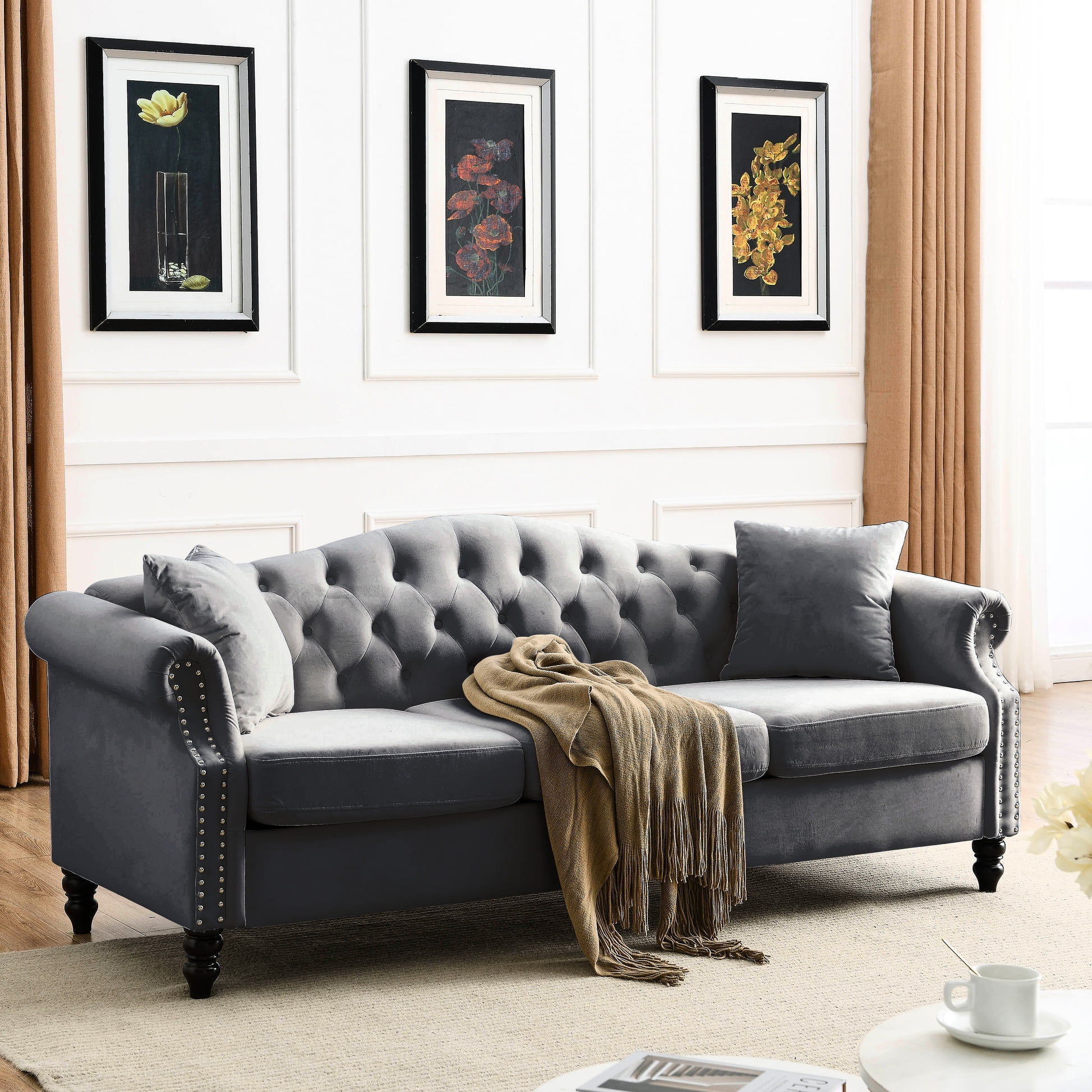 Grey Velvet 3 Seater With Rolled Arms & Nailhead - Breathable Fabric ...