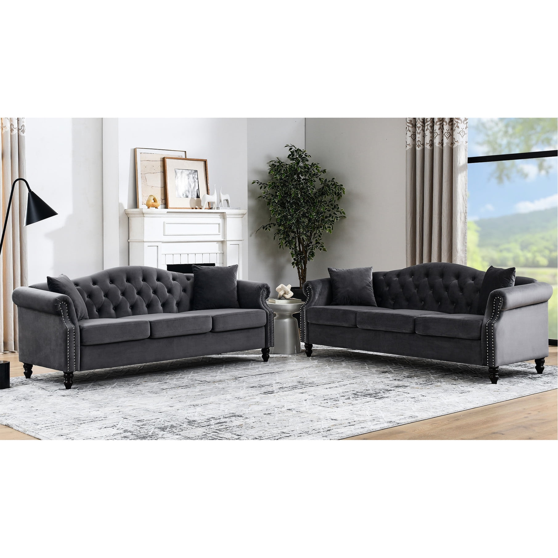 Grey Velvet 3-seater Sofa with Ergonomic Sitting Position for All - day ...
