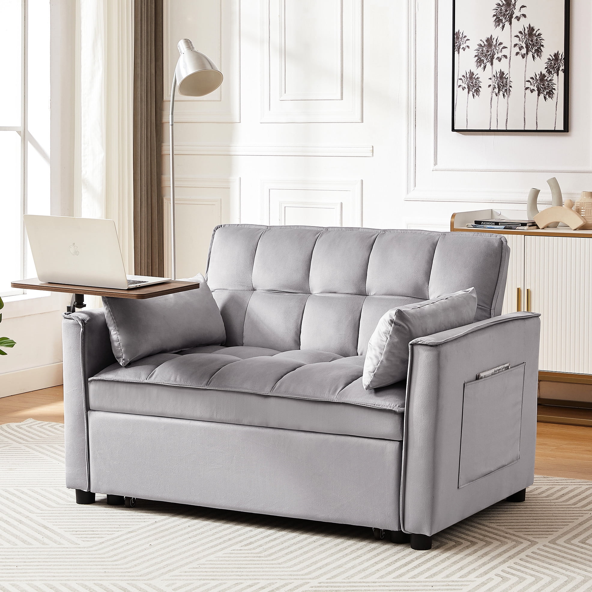 Grey Velvet Bed - Side Table & Solid Wood Frame With Table, Modern ...