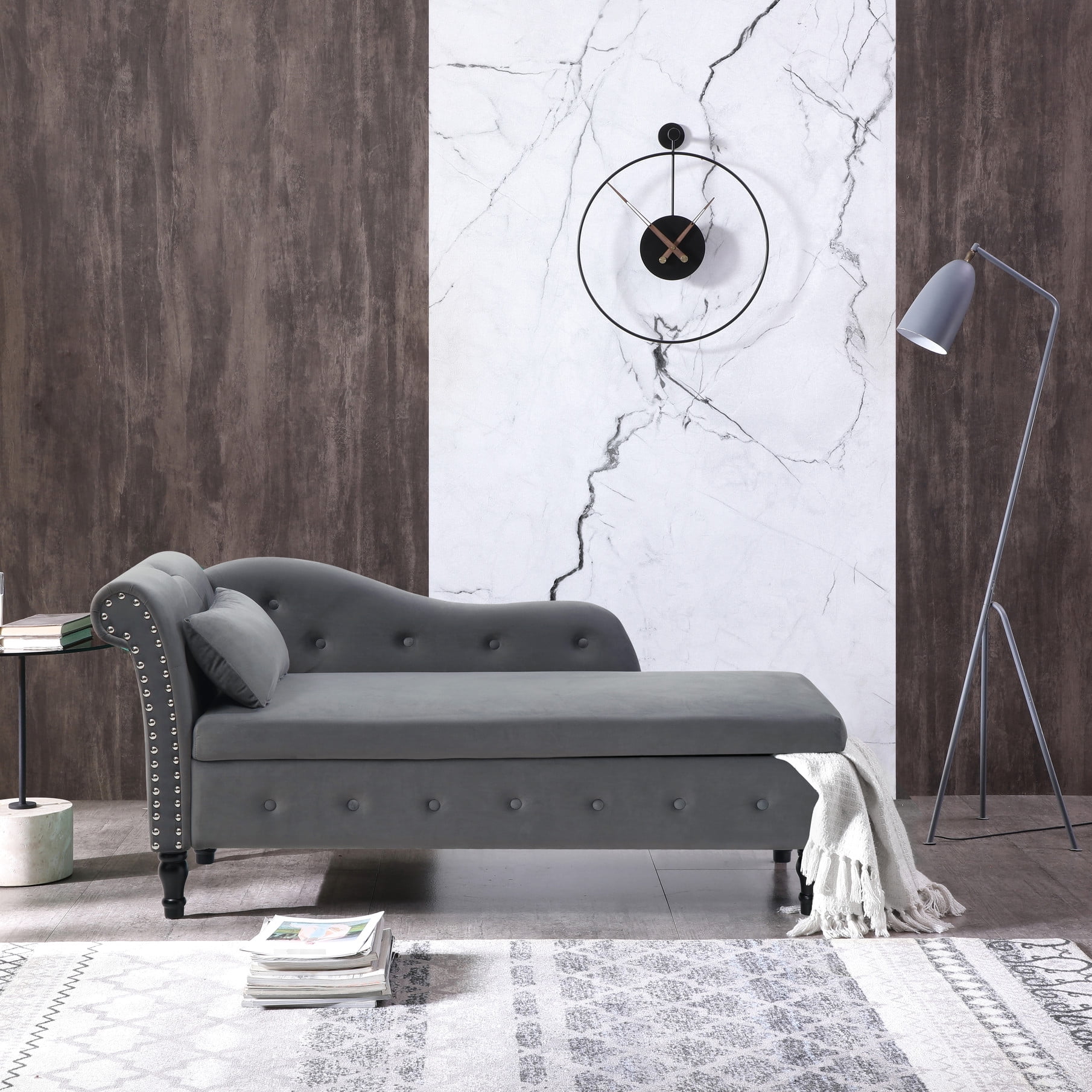 Grey Velvet Chaise Lounge With Storage And Classic Charm Bench Comfy ...