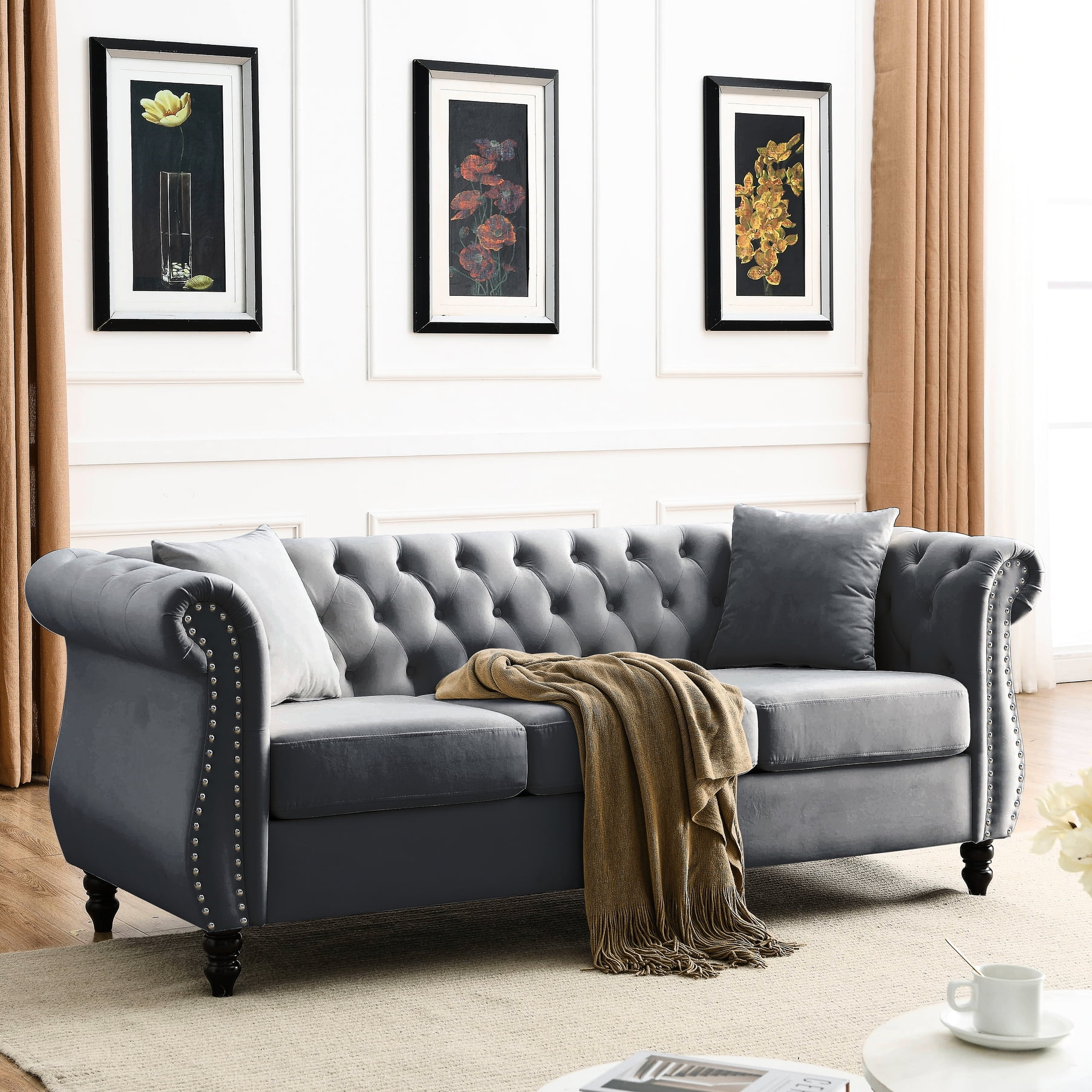Grey Velvet Couch For Bedroom - 3 Seater With And Frame, Rolled Arms ...