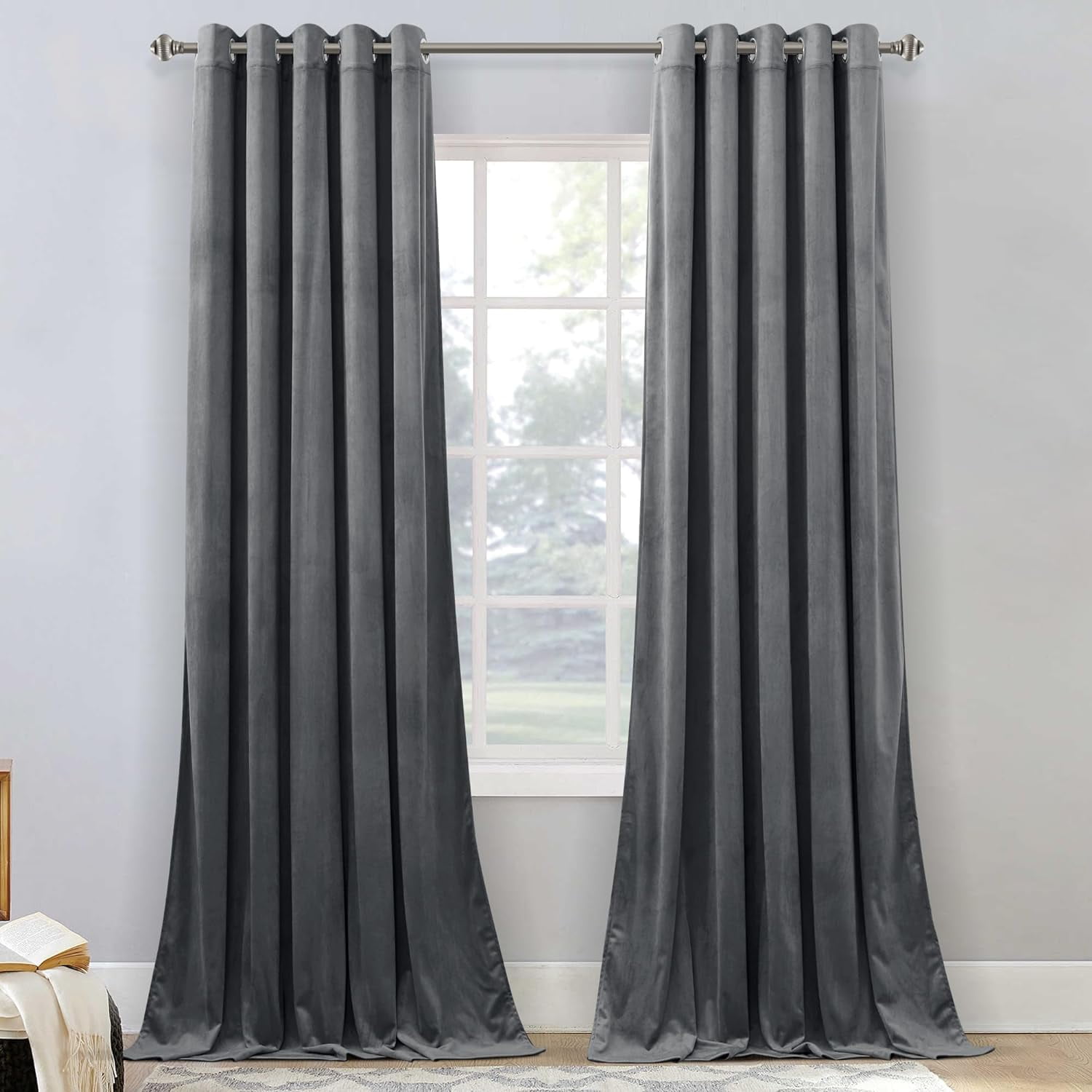 Grey Velvet Curtains For Doorway Sliding Door 62 Width Grommet Light ...