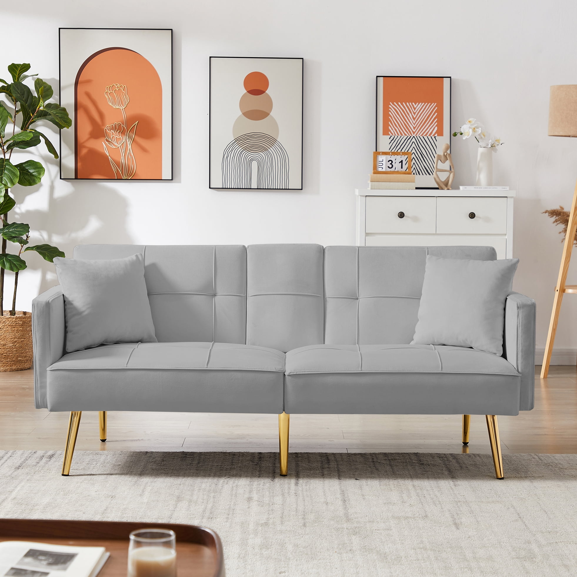 Grey Velvet Futon With Gold Metal Legs - 3 Adjustable Options, Soft ...