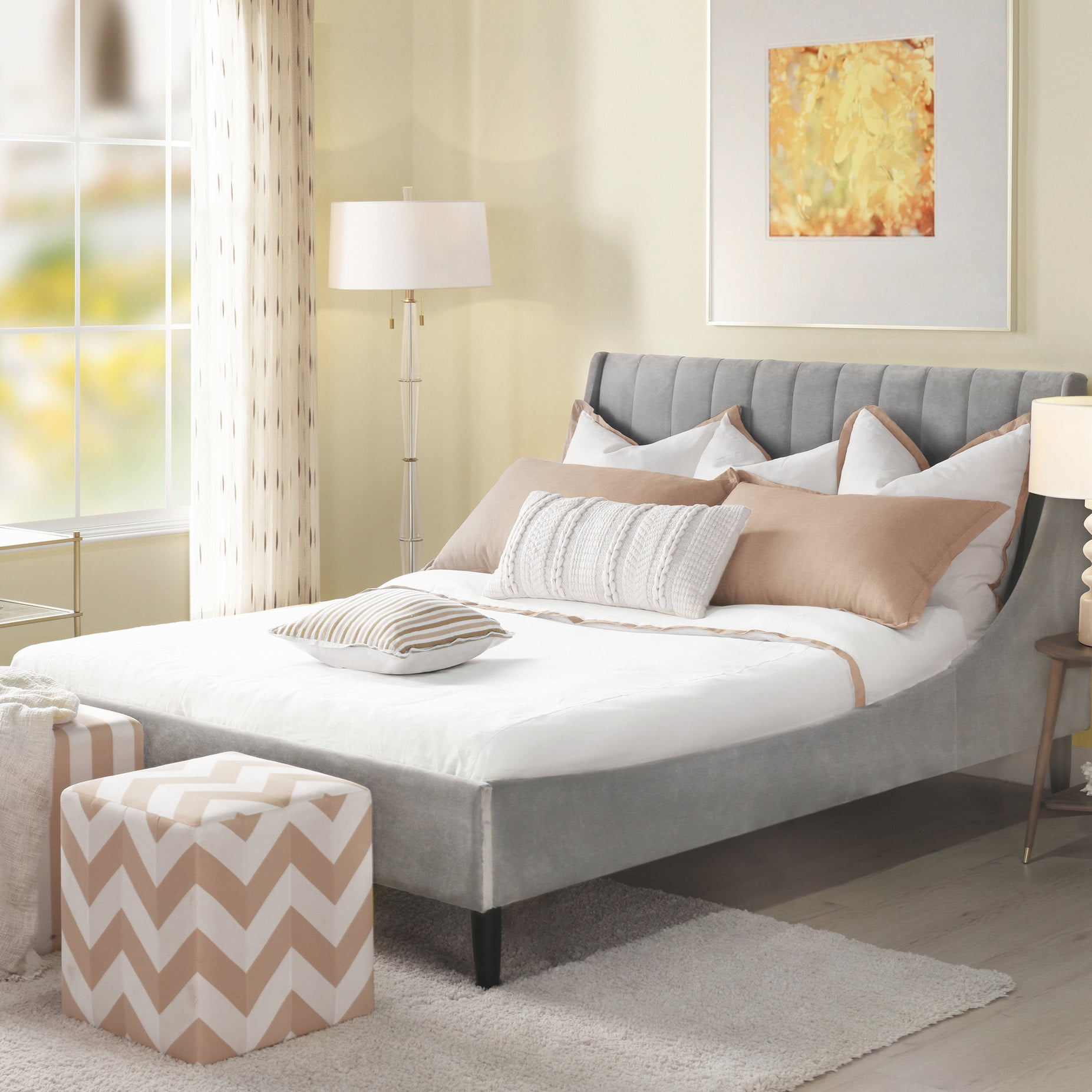 Grey Velvet Queen Platform Bed With Construction And Foam Size In ...