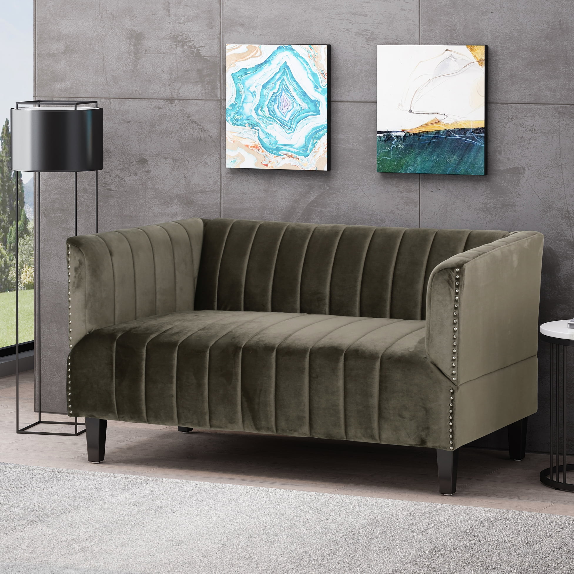 Grey Velvet Settee With A Contemporary Appeal, Nailhead Trim And Subtle ...