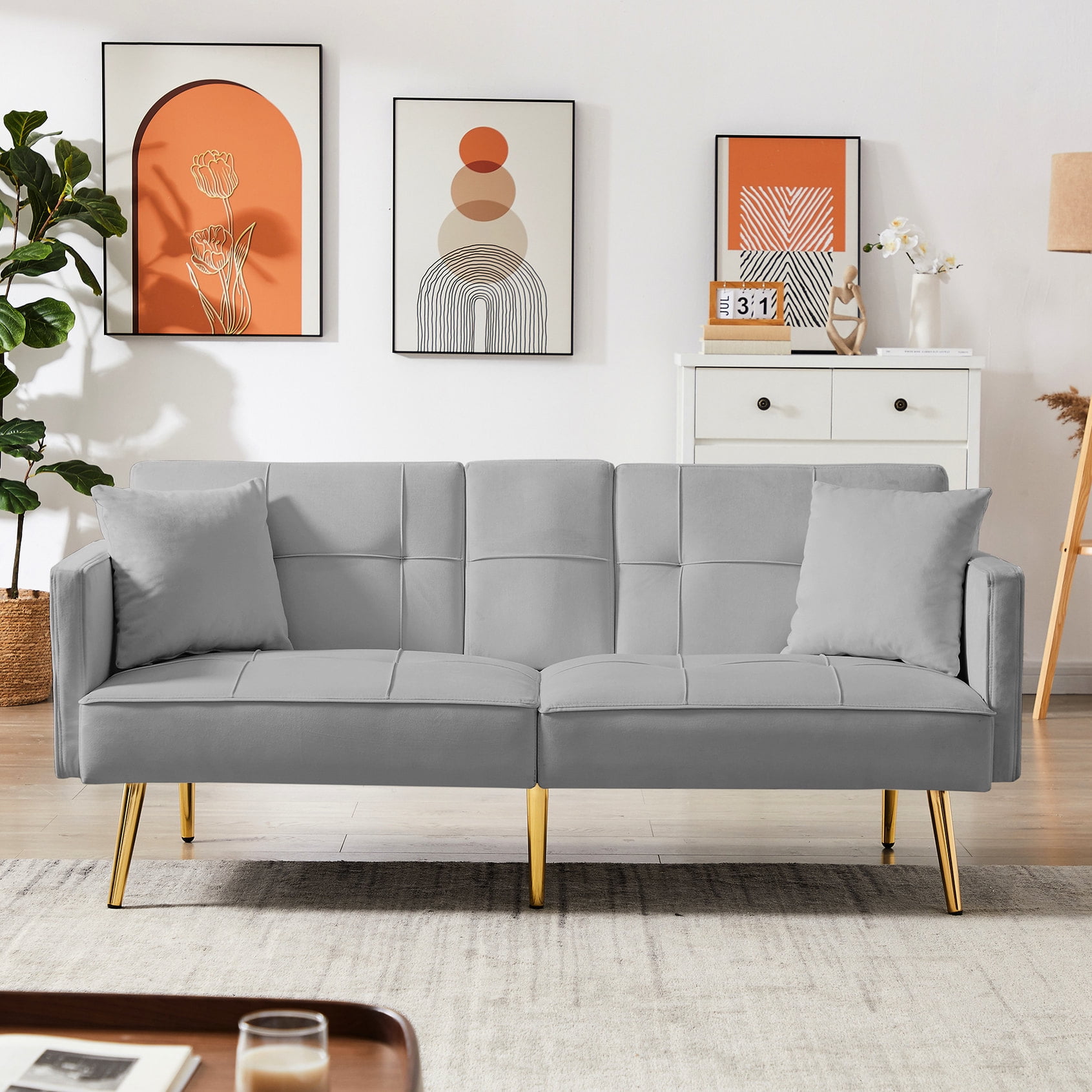 Grey Velvet Sofa Bed with Foam Filler / Soft and Supportive Seating ...