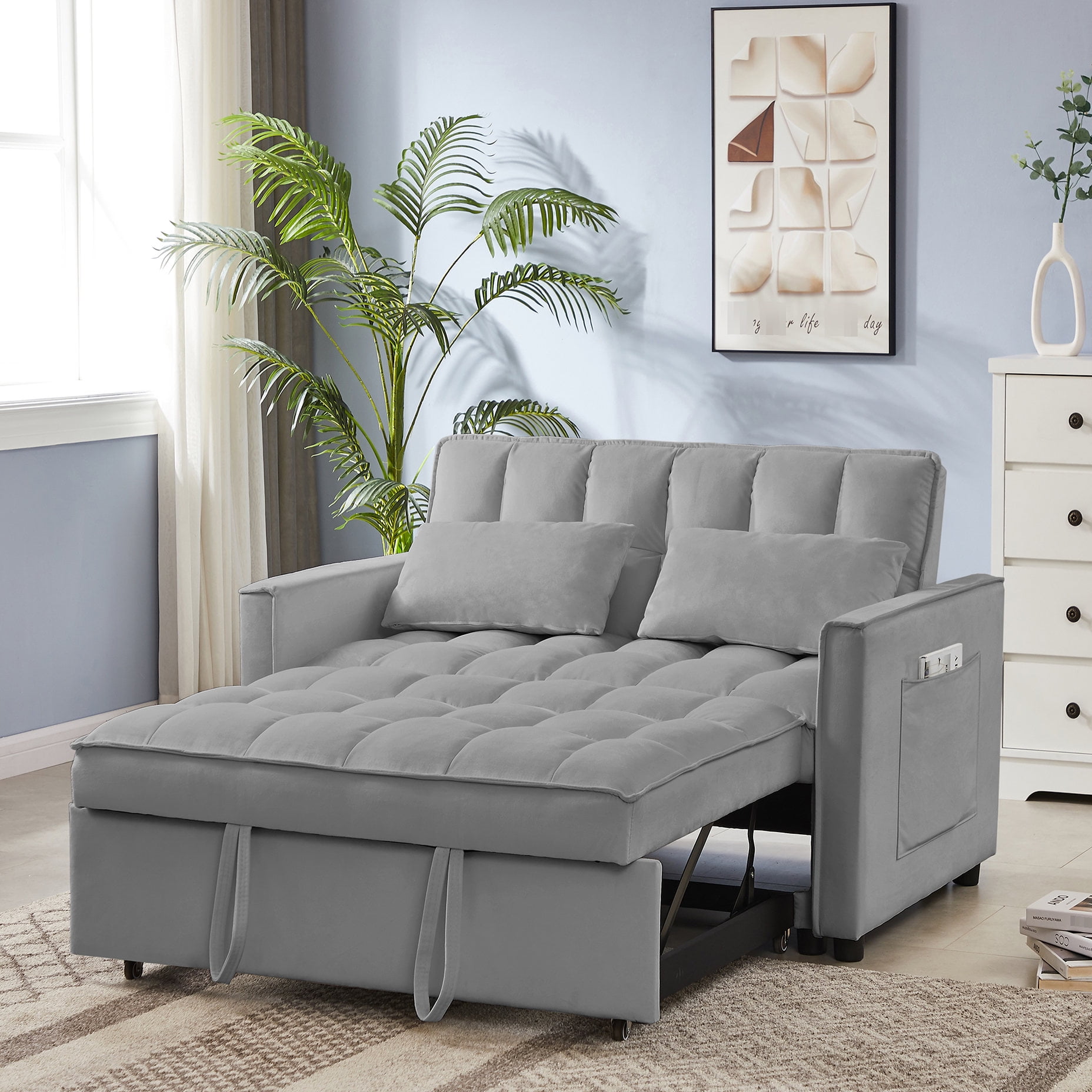 Grey Velvet Sofa Bed with Foam Filler / Soft and Supportive Seating ...