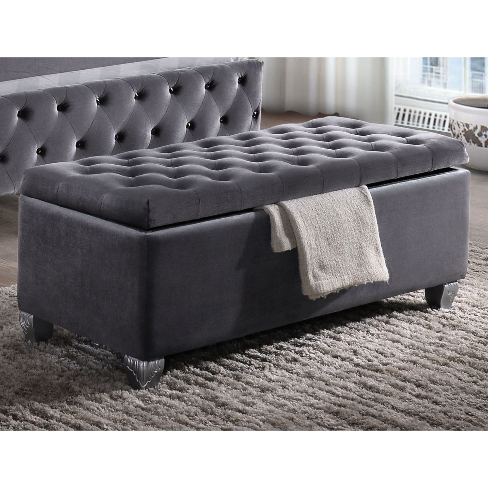 Grey Velvet Storage Bench For Bedroom - Ample Padding & Style Lift-top ...
