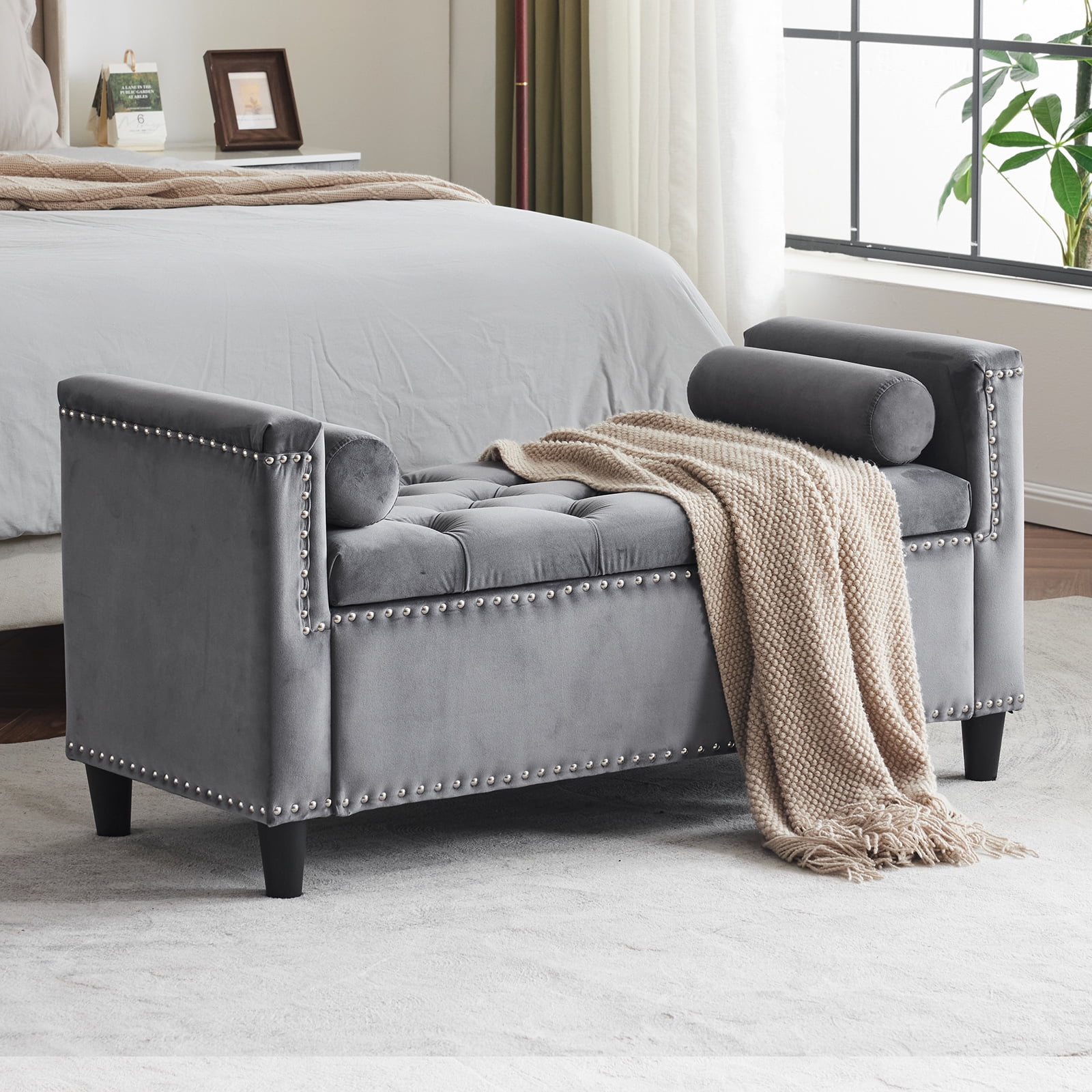 Grey Velvet Storage Bench with Nailhead Trim - 44.5" Armrest Ottoman ...