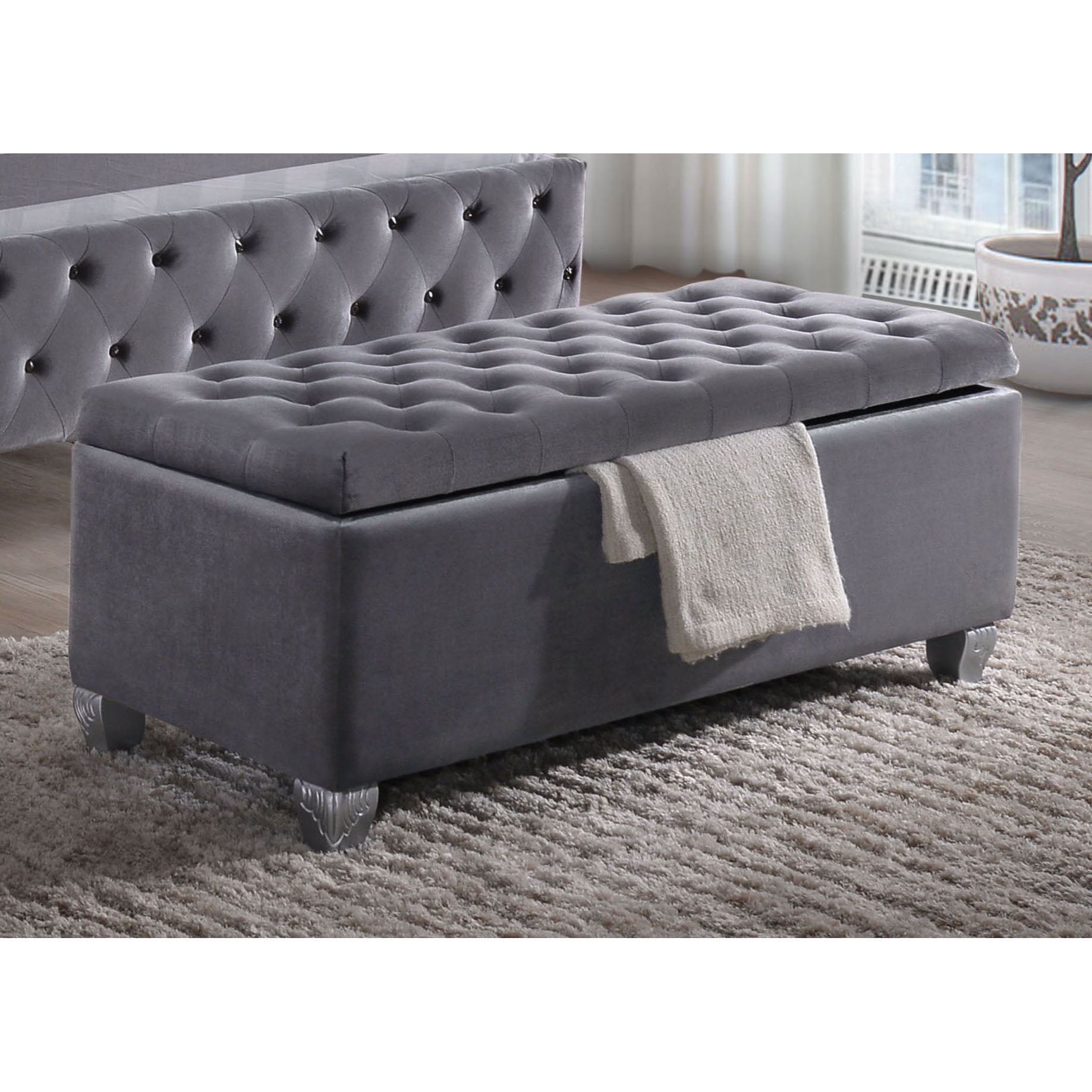 Grey Velvet Storage Bench with Tufted Lid - Ample Storage and ...
