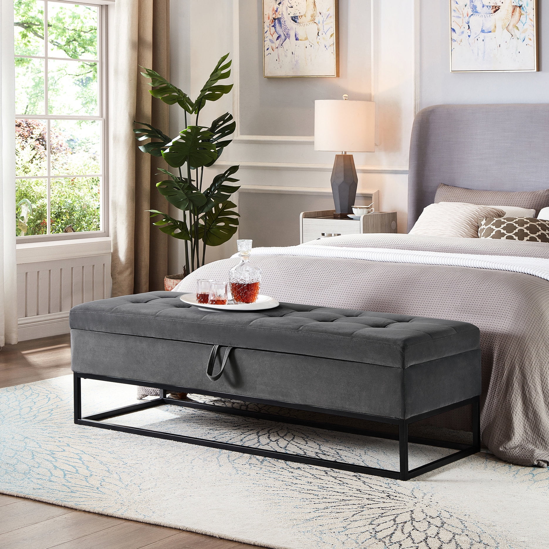 Grey Velvet Storage Ottoman, 58.6" in Size | Multiple Placement Options ...