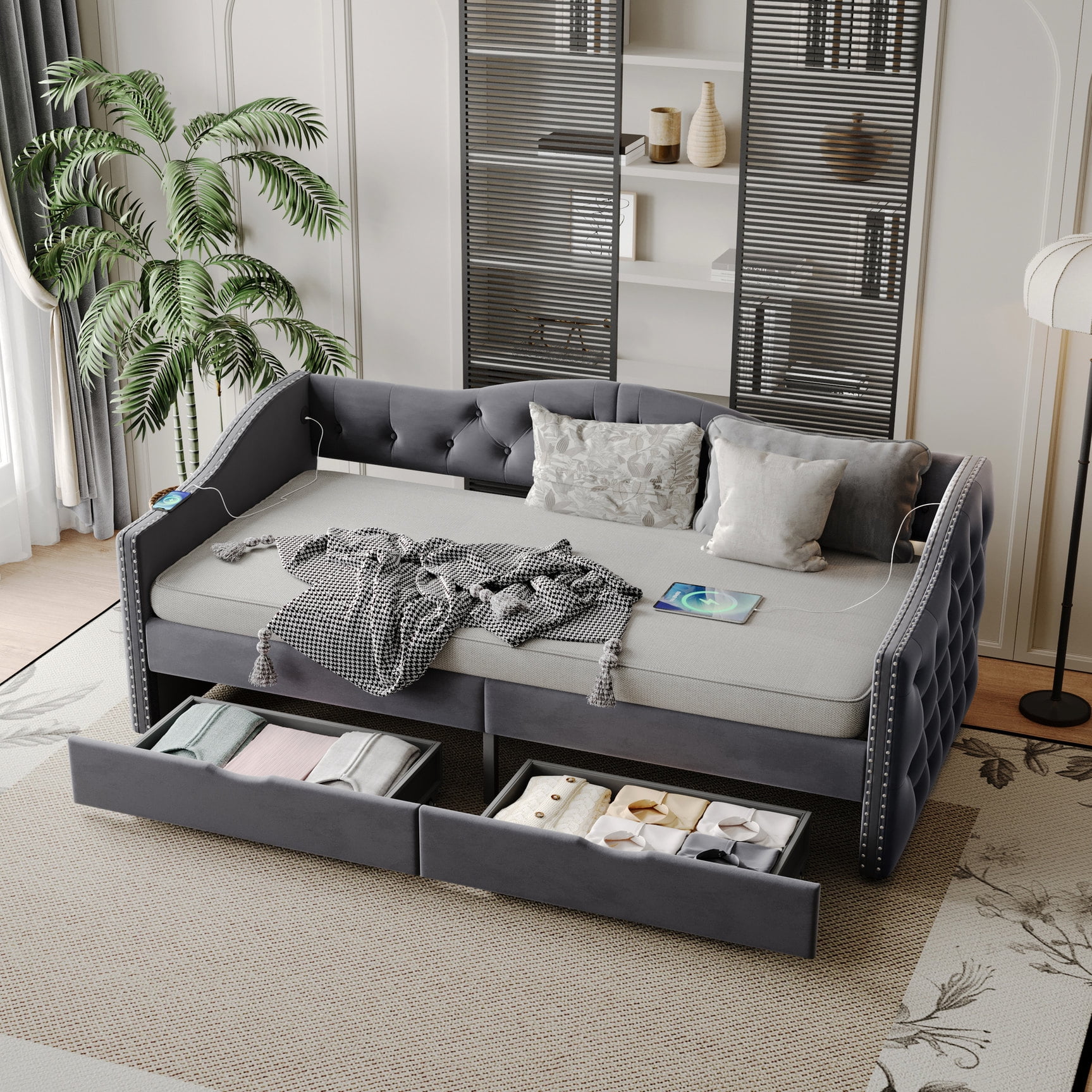 Grey Velvet - Storage for Essentials & Comfortable Backrest - Bedroom ...