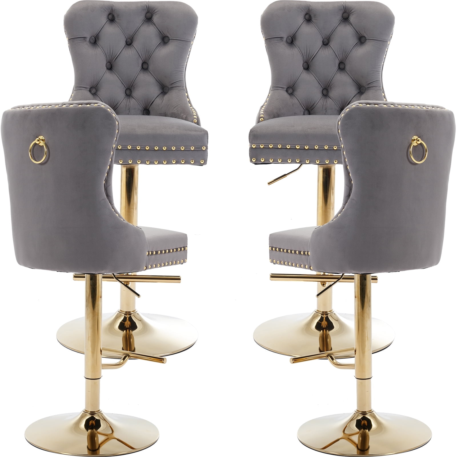 Set of 4, Grey Velvet Swivel Bar Stools with Adjustable Height, Home ...
