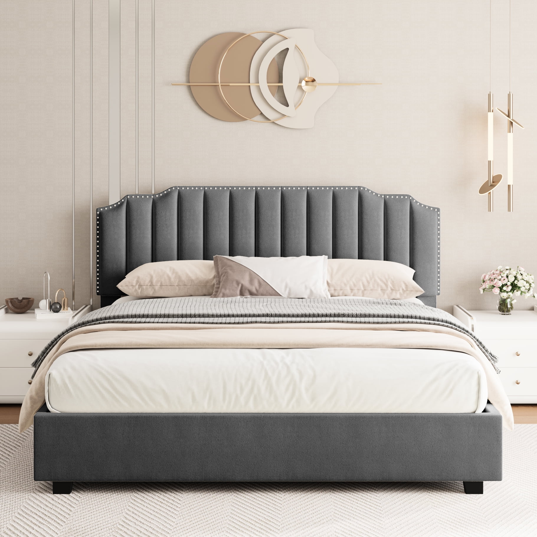 Grey Velvet Upholstered Queen Bed, Strong Wood Construction, Spacious ...