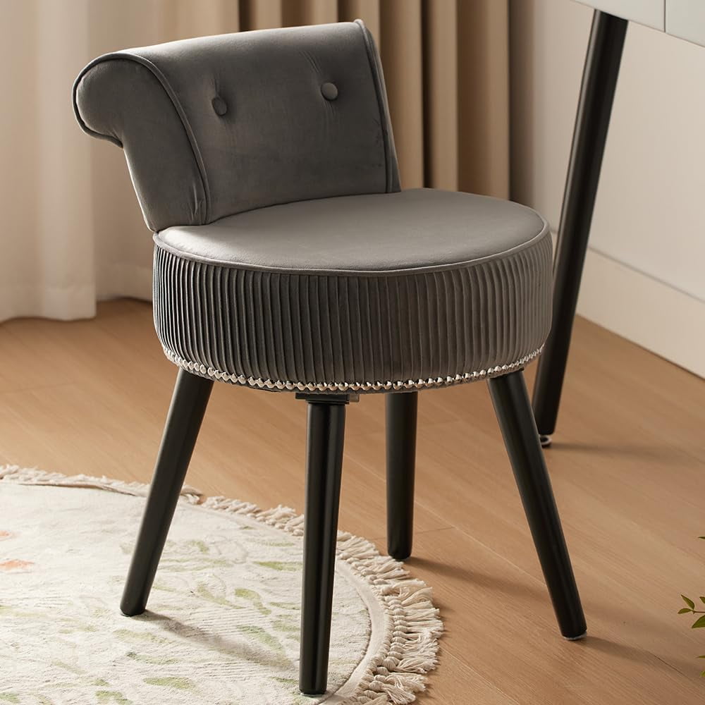 Grey Velvet Vanity Chair with Low Back Small Makeup Stool Chair Tufted ...