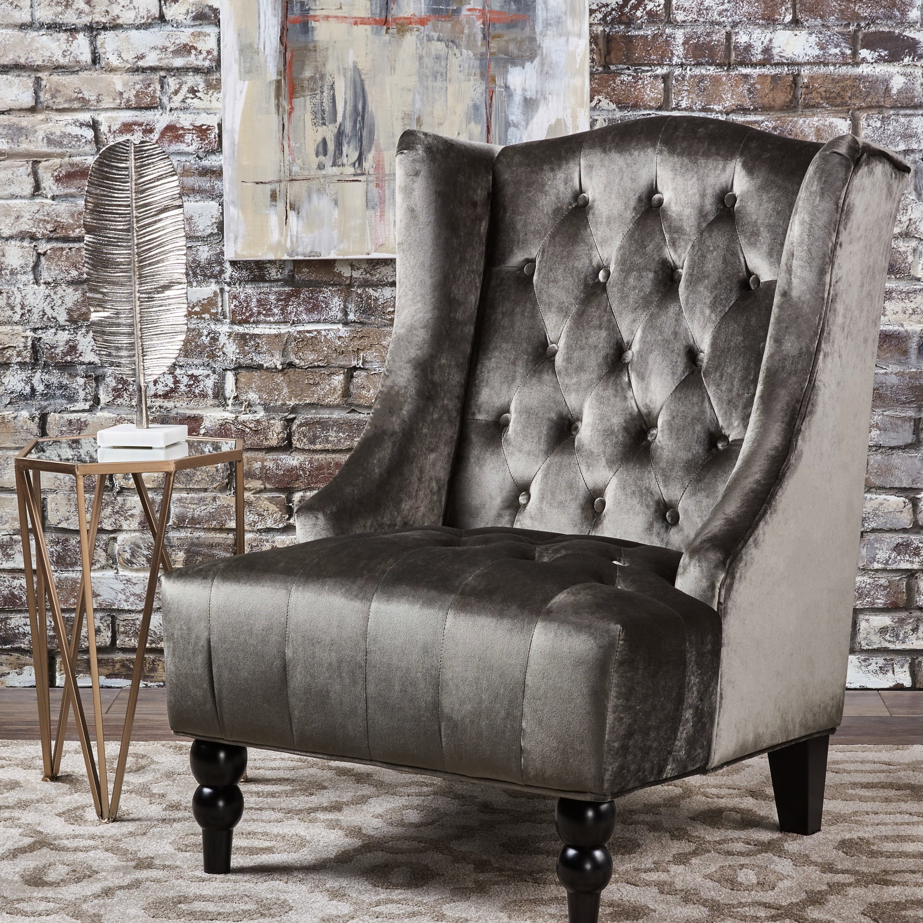 Grey Velvet Wingback Chair Hi-back Club - Styled With Button Tufting ...