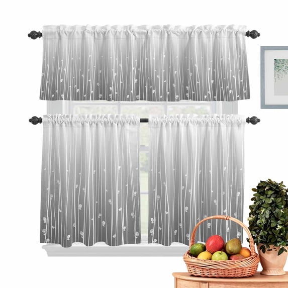 Grey Vertical Wave Lines Kitchen Curtains Valances 3 Piece Set, Flower ...