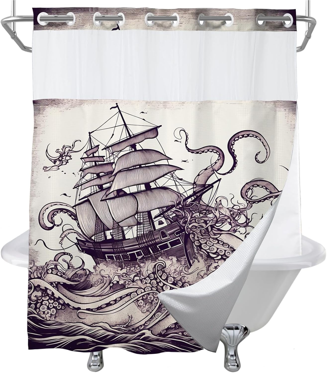 Grey Waffle Weave Shower Curtain with Snap in Liner Polyester Fabric ...