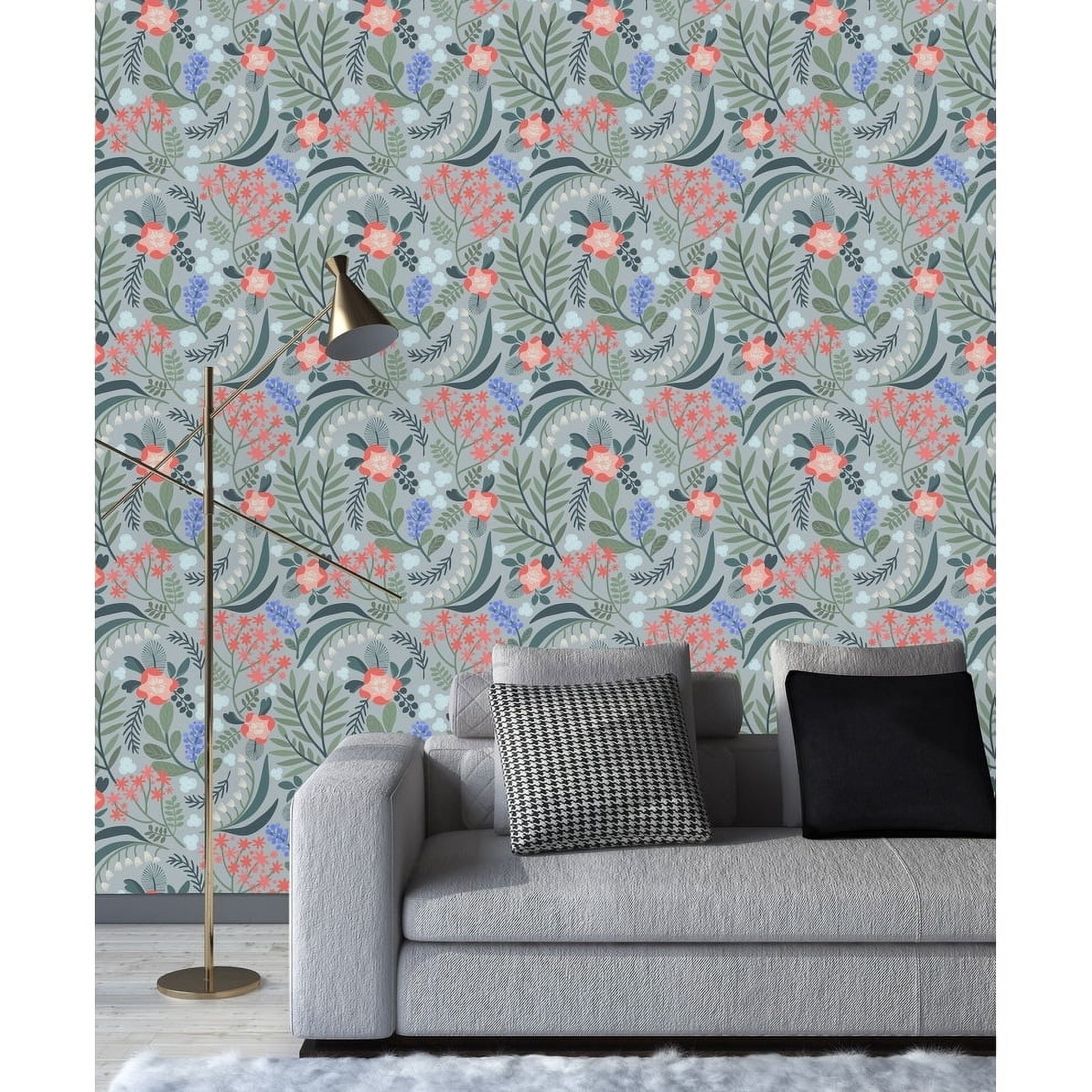Grey Wallpaper with Flowers and Leaves Pre-Pasted - 25"W x 125"H ...