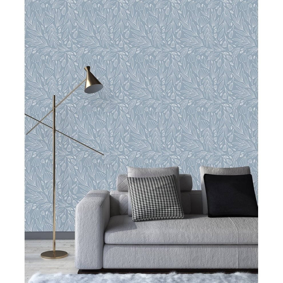 Grey Wallpaper with Leaves Pattern Pre-Pasted - 25"W x 225"H - Walmart.com