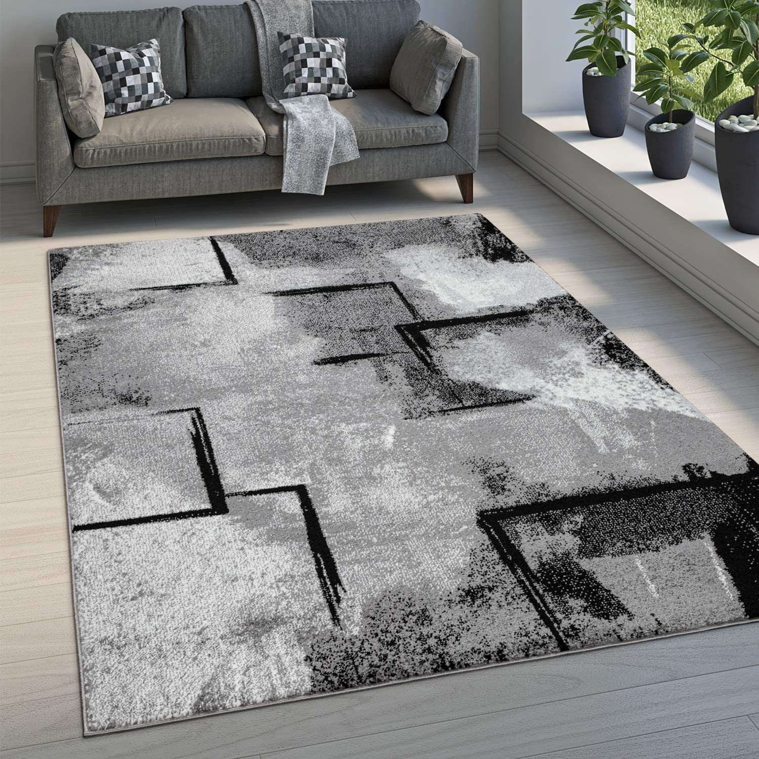 Grey White Area Rug Modern Design with Abstract Paint Effect, Size: 6'7 ...