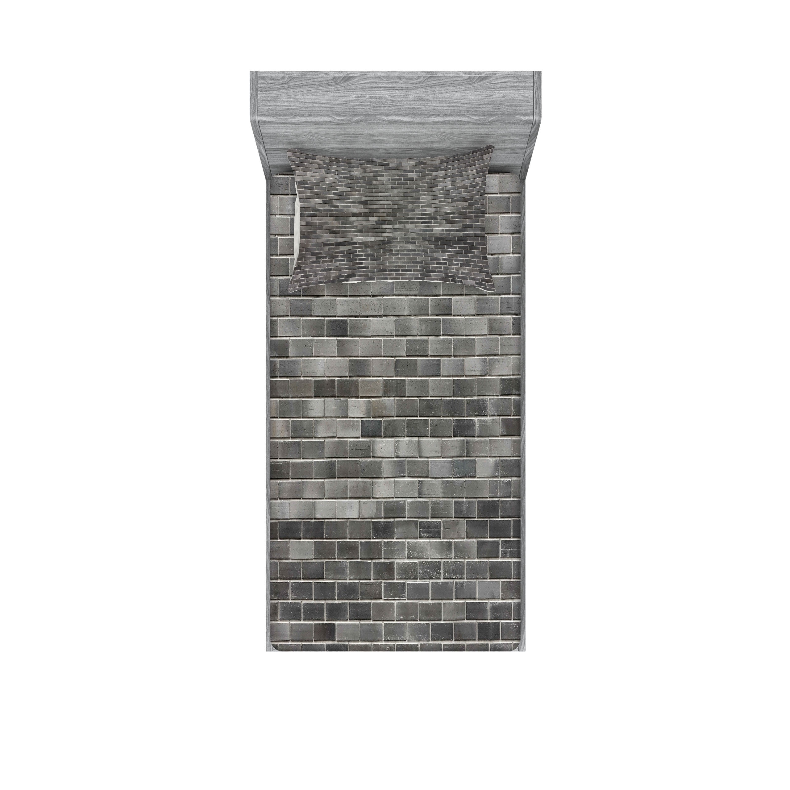 Grey White Fitted Sheet & Pillow Sham Set, Modern Brick Wall Tiles ...