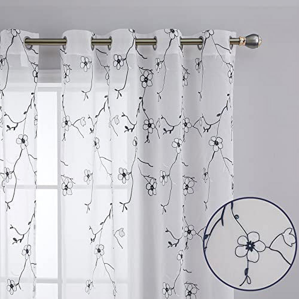 Grey and White Floral Embroidery Sheer Curtains for Living Room, Flower ...