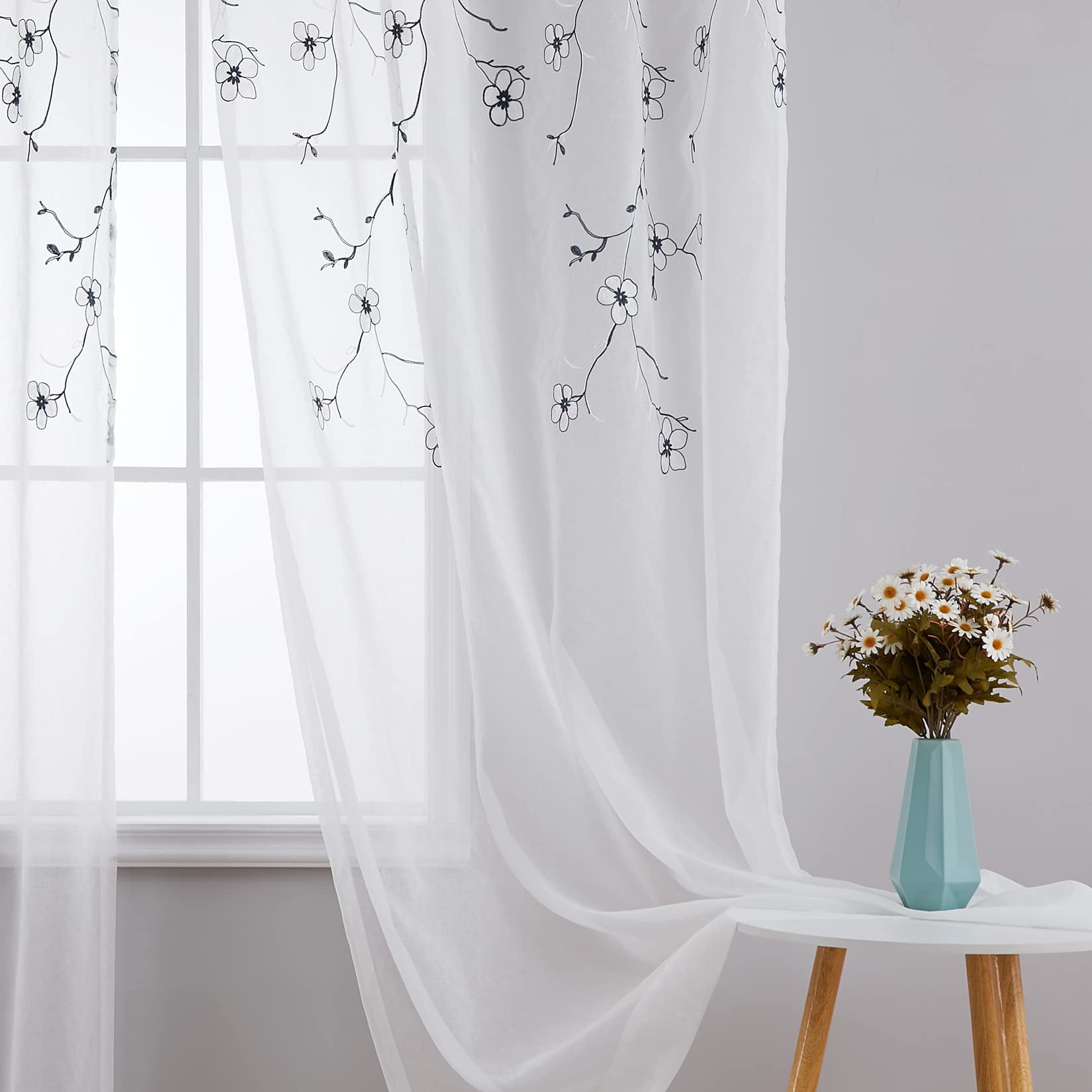 Grey and White Floral Embroidery Sheer Curtains for Living Room, Flower ...