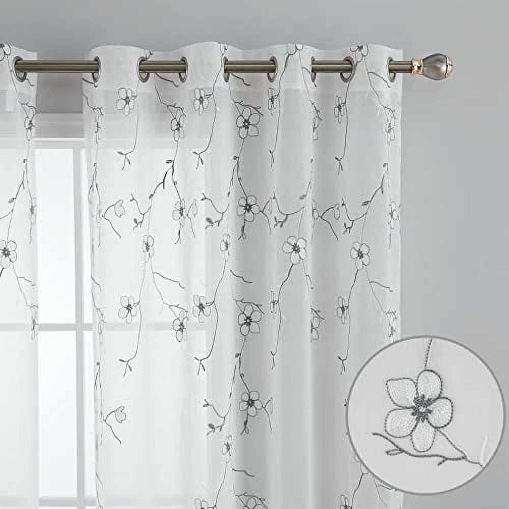 LeadingStar Grey and White Floral Embroidery Sheer Curtains, Semi Sheer ...