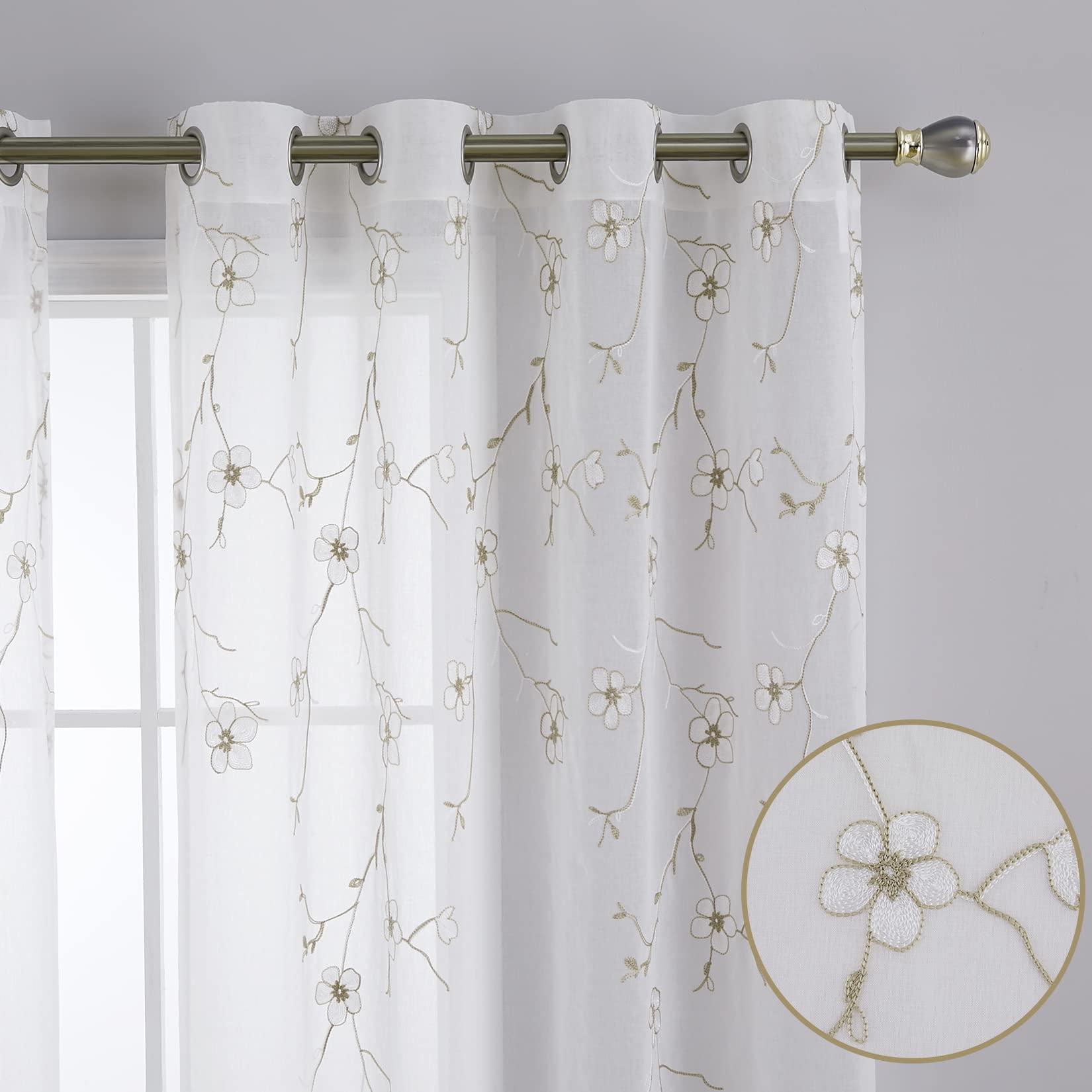 Grey and White Floral Embroidery Sheer Curtains for Living Room, Flower ...