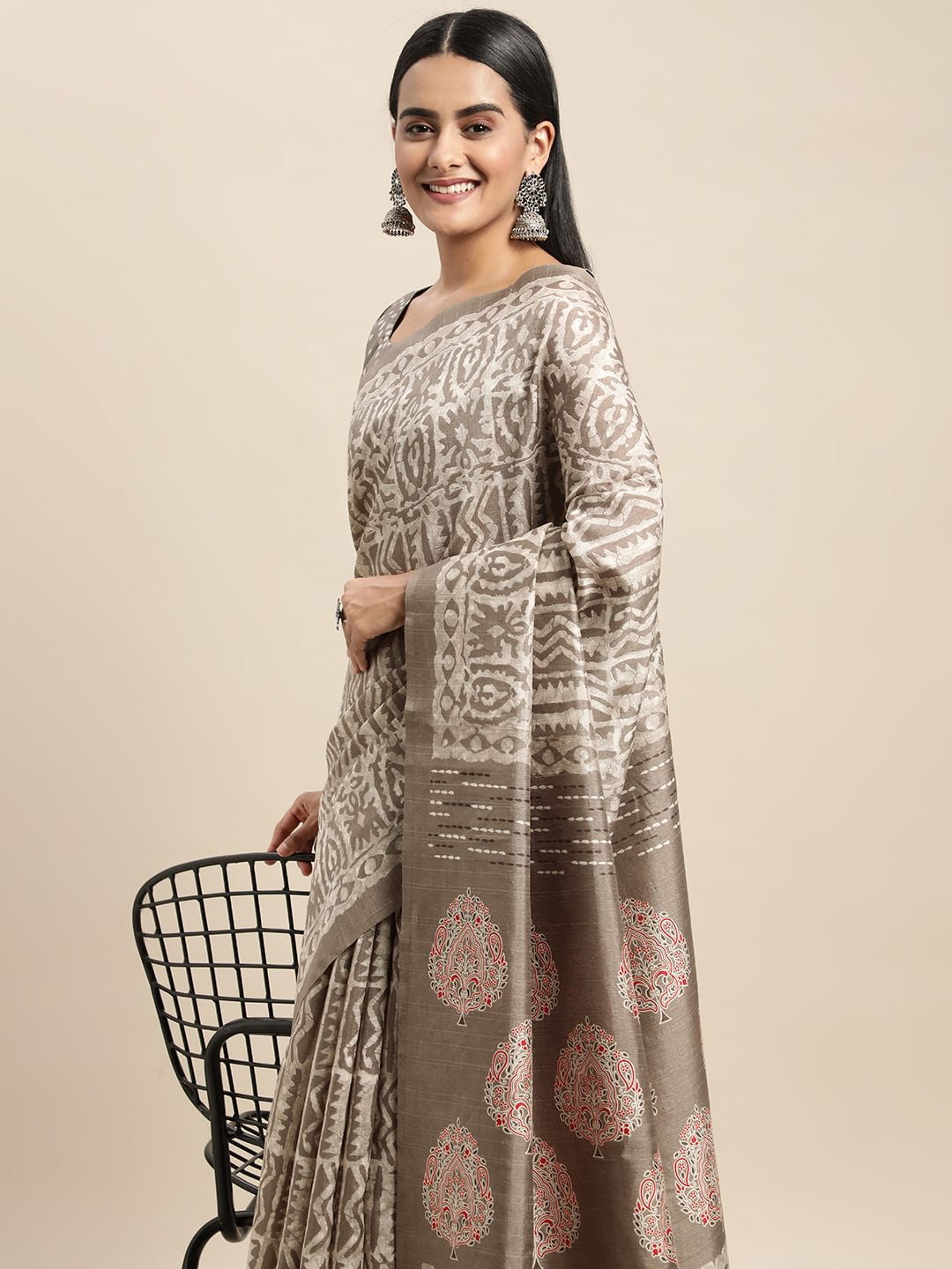 Grey & White Geometric Block Print Sarees - 18286800 - Walmart.com