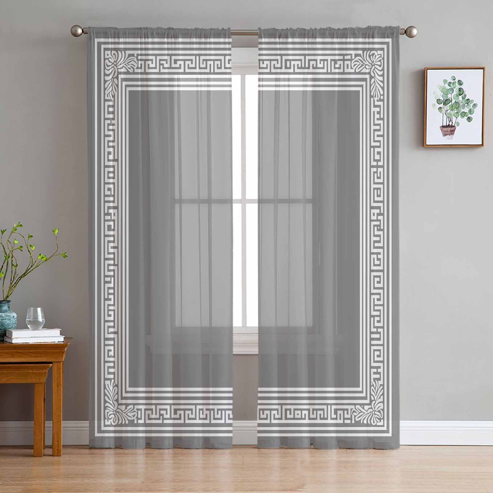 Grey White Geometric Sheer Curtains 96 Inches Long 2 Panels Set, Window ...