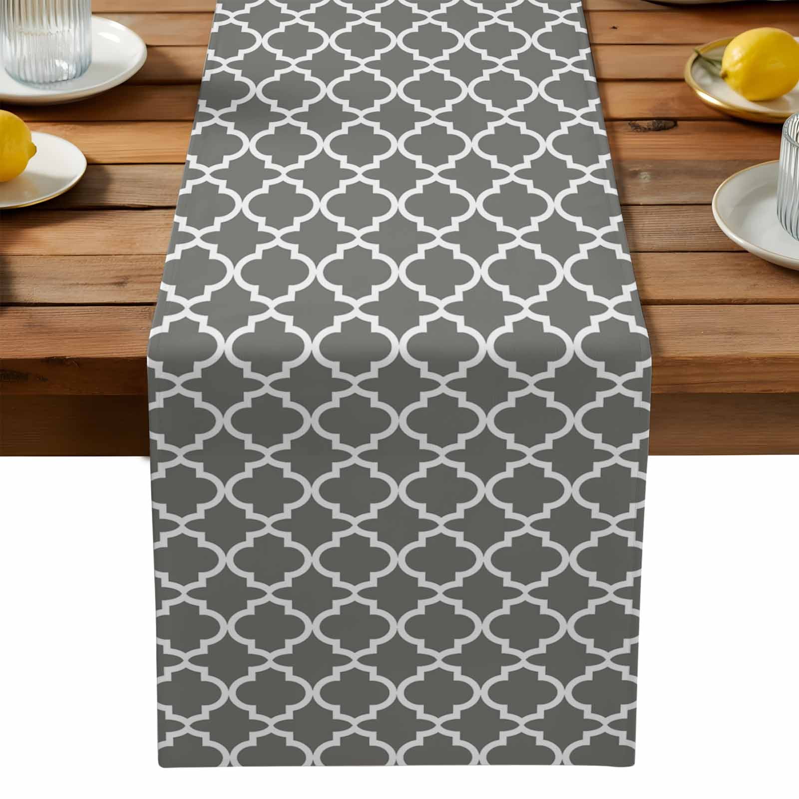 Grey White Geometric Table Runner, Minimalist Morocco Pattern Cotton ...